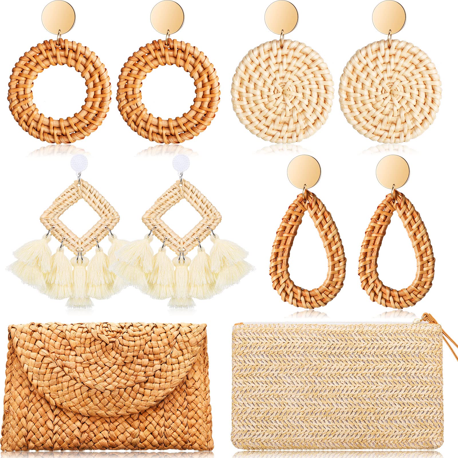 2 Pcs Women's Straw Clutch Purse and 4 Pairs Rattan Earrings Lightweight Boho Geometric Woven Straw Earrings (Elegant Style)