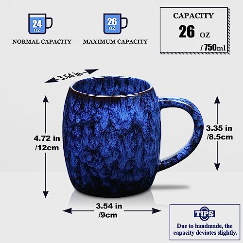 26 Oz Extra Large Ceramic Coffee Mug, Handmade Pottery Oversized Tea Cup for Office and Home, Microwave and Dishwasher Safe, Unique Texture Glaze Jumbo Mugs with Big Handle for Milk Cocoa (Deep Blue)
