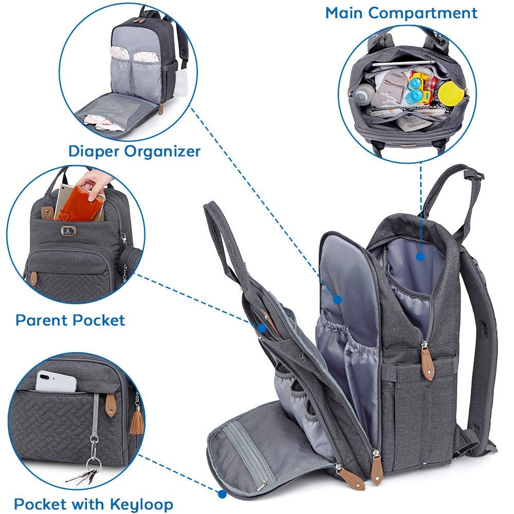 Dikaslon Diaper Bag Backpack, Stroller Hooks, Large Unisex Baby Bags with Changing Pad, Pacifier Case and Universal Stroller Clips for Mom Dad