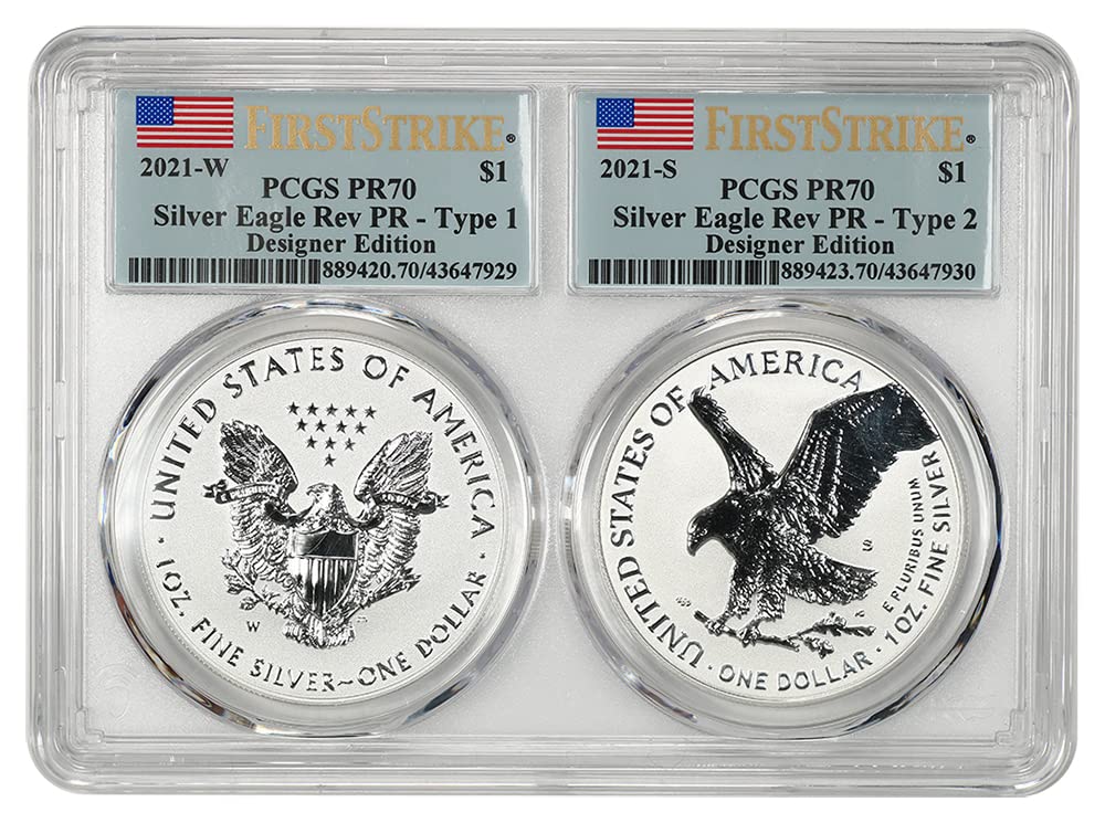 2021 S Reverse Proof Silver Eagles Designer Series Type 1 and Type 2 $1 PCGS PR-70