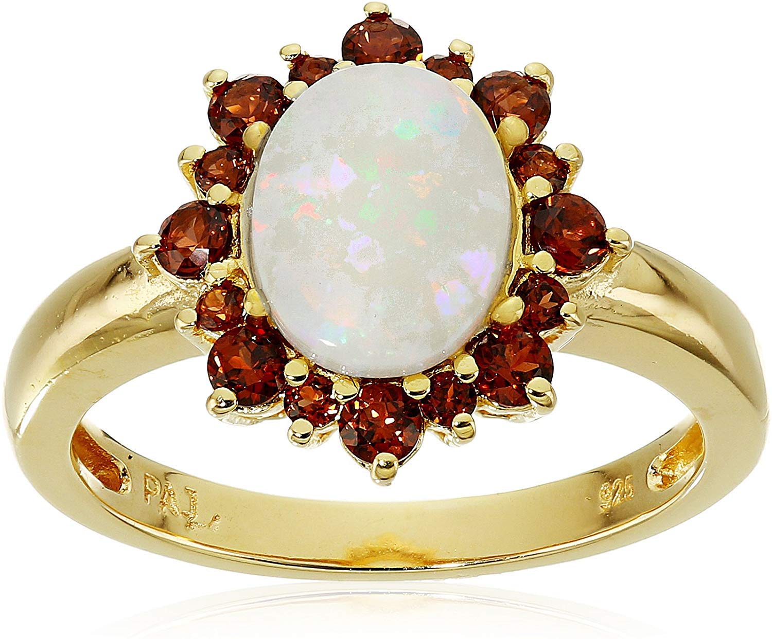 18K Yellow Gold Plated Sterling Silver Oval Created White Opal and Genuine Garnet Halo Ring, Size 7