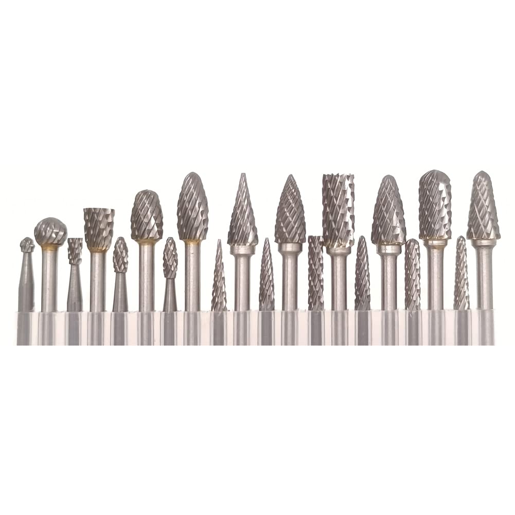 20Pcs Carbide Burr Set Die Grinder Bits 1/8" Shank Double Cut Assorted Solid Tungsten Carbide Rotary Burr Compatible with Dremel for Wood Carving Metal Working Polishing Engraving Drilling