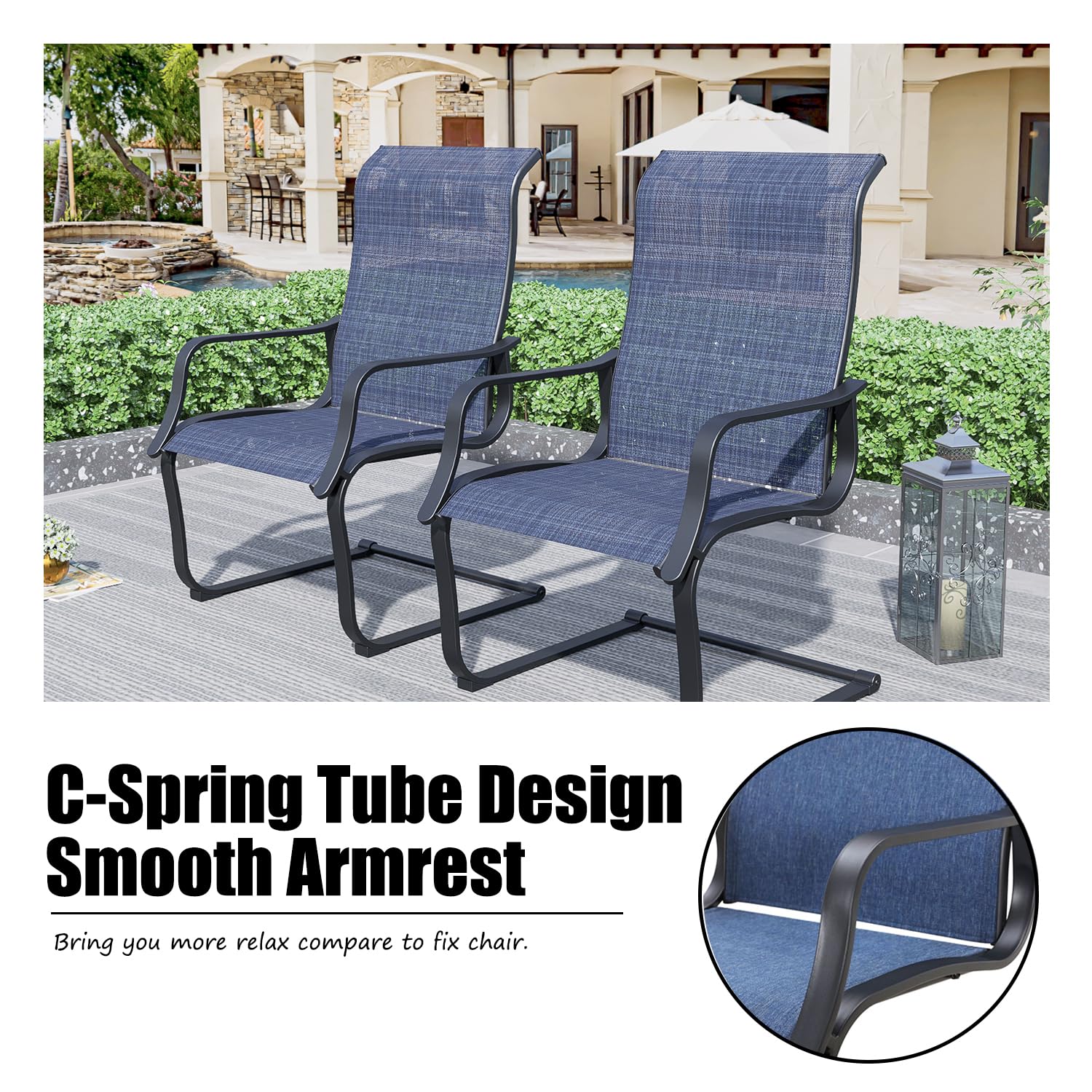 PatioFestival Outdoor C-Spring Dining Chairs Set of 4, Patio Sling High Back Springy Chairs,Textilene Fabric & Black Metal Frame(Blue)