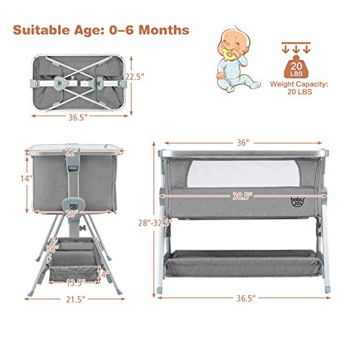 BABY JOY Bedside Bassinet, Portable Baby Crib w/Mattress, Two-Side Breathable Mesh, 7 Height Adjustable, Large Storage, Wheels for Easy Movement, Crib for Newborn Infant, Bassinet for Baby, Grey