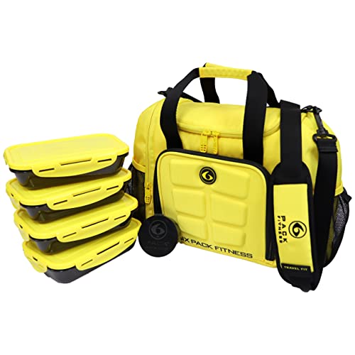 6 Pack Bags Innovator Mini Meal Prep Lunch Bag with 4 BPA-Free, Reusable, Microwavable, Freezer Safe, Portion-Controlled Containers, Pill Organizer, Lunch Box with Storage Pockets - (Yellow/Black)