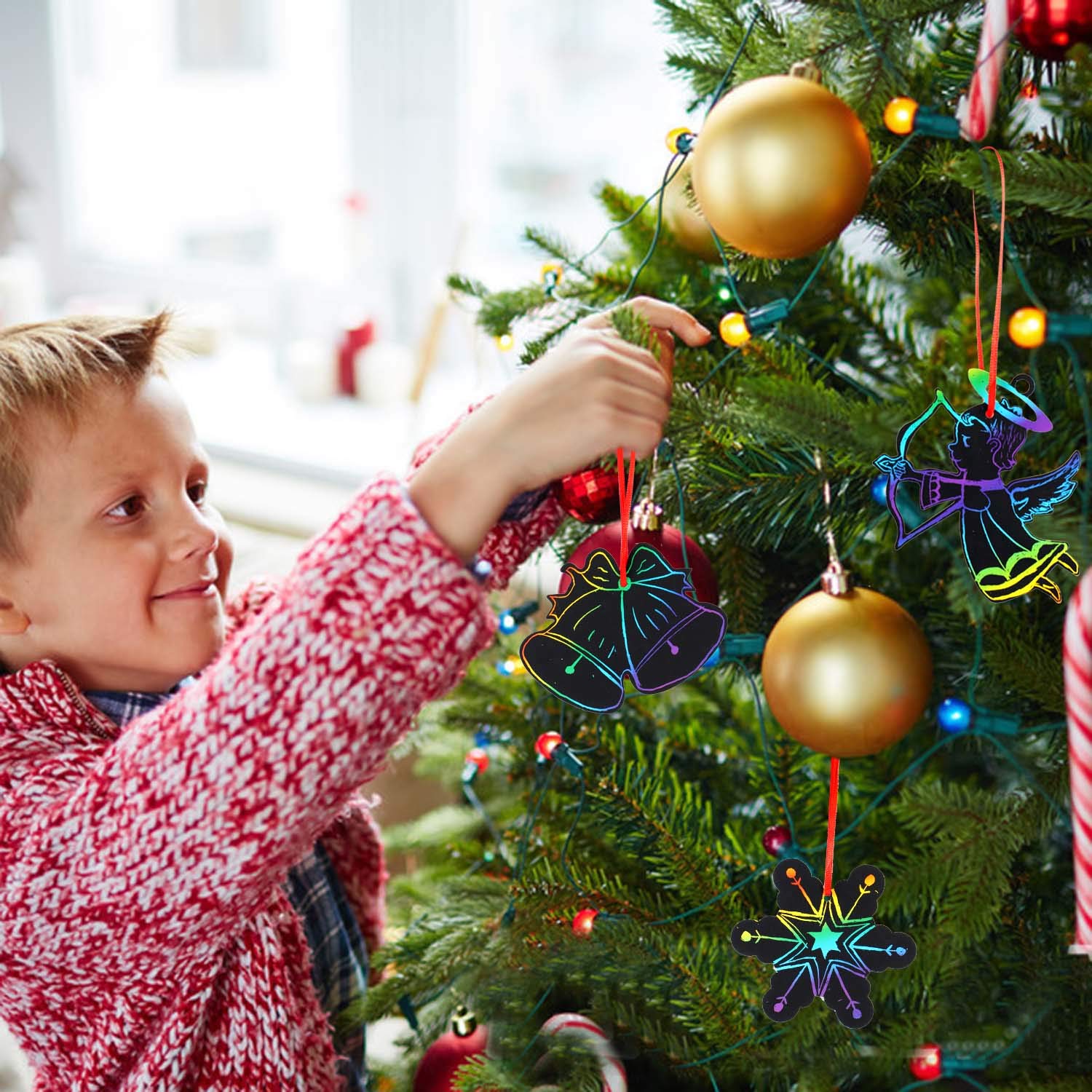 ACEHOOD 48 Sets Christmas Rainbow Scratch Paper Ornaments Kids Art Craft DIY Xmas Ornaments Christmas Party Decorations for Kids