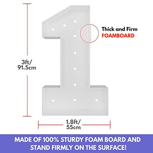 3FT Marquee Light Up Numbers Pre-Cut Frame Giant Marquee Numbers 1, Mosaic Numbers for Balloons, First 1st 21st Birthday Anniversary Decorations Party Decor