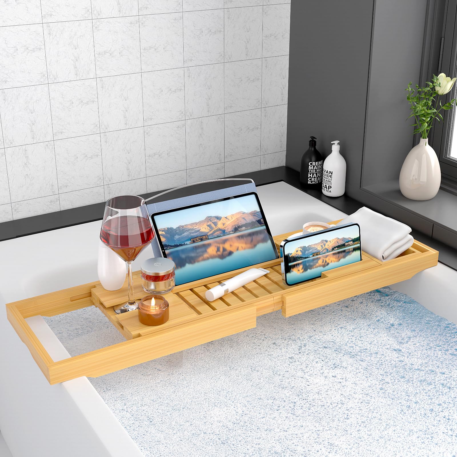 Sen Yi Bao Luxury Bathtub Caddy Tray,Bamboo Bathtub Tray Caddy - Wood Bath Tray Expandable,Can be Placed Book and Integrated Tablet Smartphone and Wine Holder - Gift Idea for Loved Ones