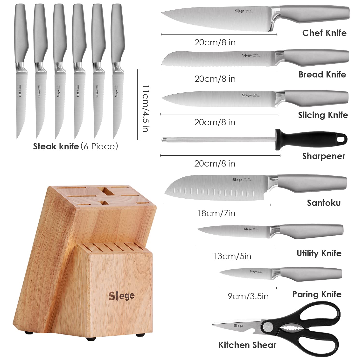 Knife Set,15 Pcs Kitchen Knife Set,Stainless Steel Knives with Wooden Block,Professional Chef Knifes Set for Kitchen,Multipurpose sharp knife,gray