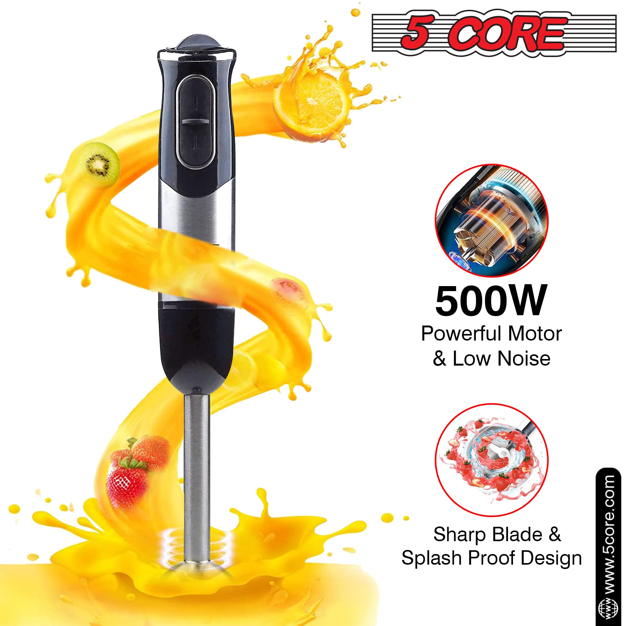 5 Core Immersion Blender Handheld Electric Whisk Hand Blender 8-Speed 500W Hand Held Stick Blender with Food Grade Stainless Steel Blades for Perfect for Smoothies Puree Baby Food Soup