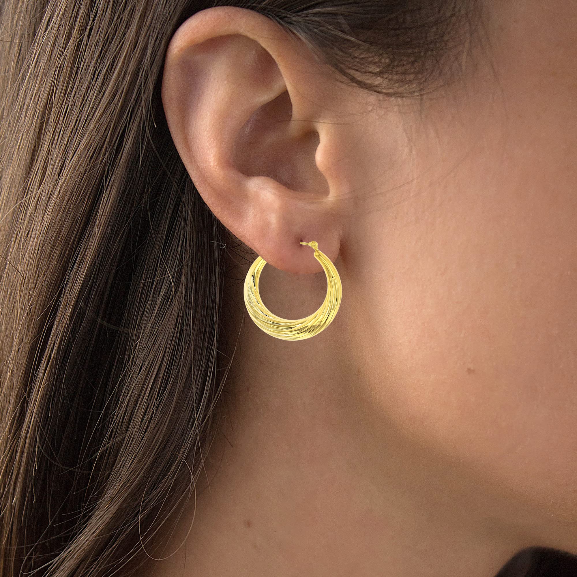 14K Yellow Gold Tight Twist Textured 4mm Thick Hoop Earrings with Hinged Clasp | 4x28mm Hoop | Earrings For Sensitive Ears | Solid Gold Earrings For Women