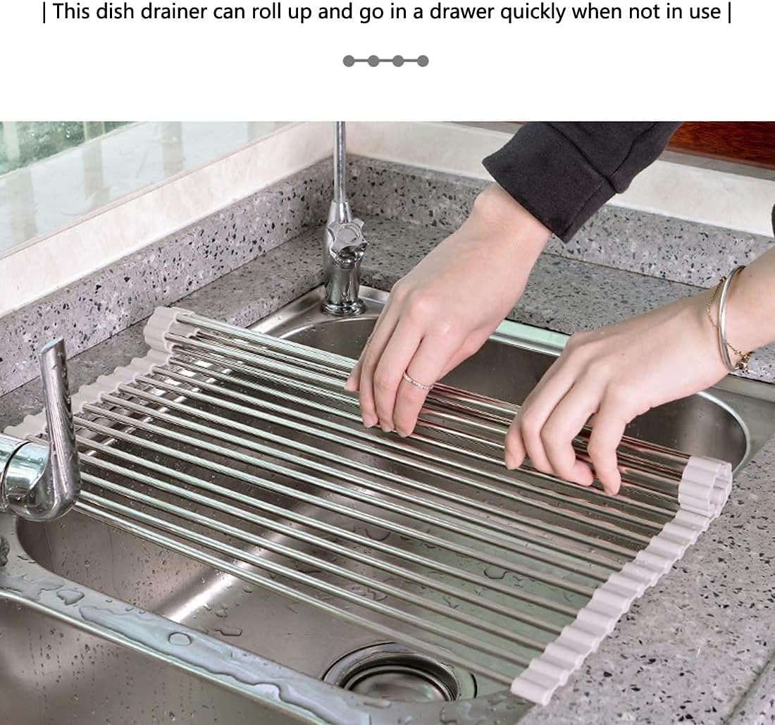 Dullrout Roll Up Dish Drying Rack 17.8 inch x 11.2 inch, Over The Sink Dish Drying Rack, Rollable Stainless Steel Sink Rack for Kitchen Organization, Foldable/Heat-Resistant/Easy to Store