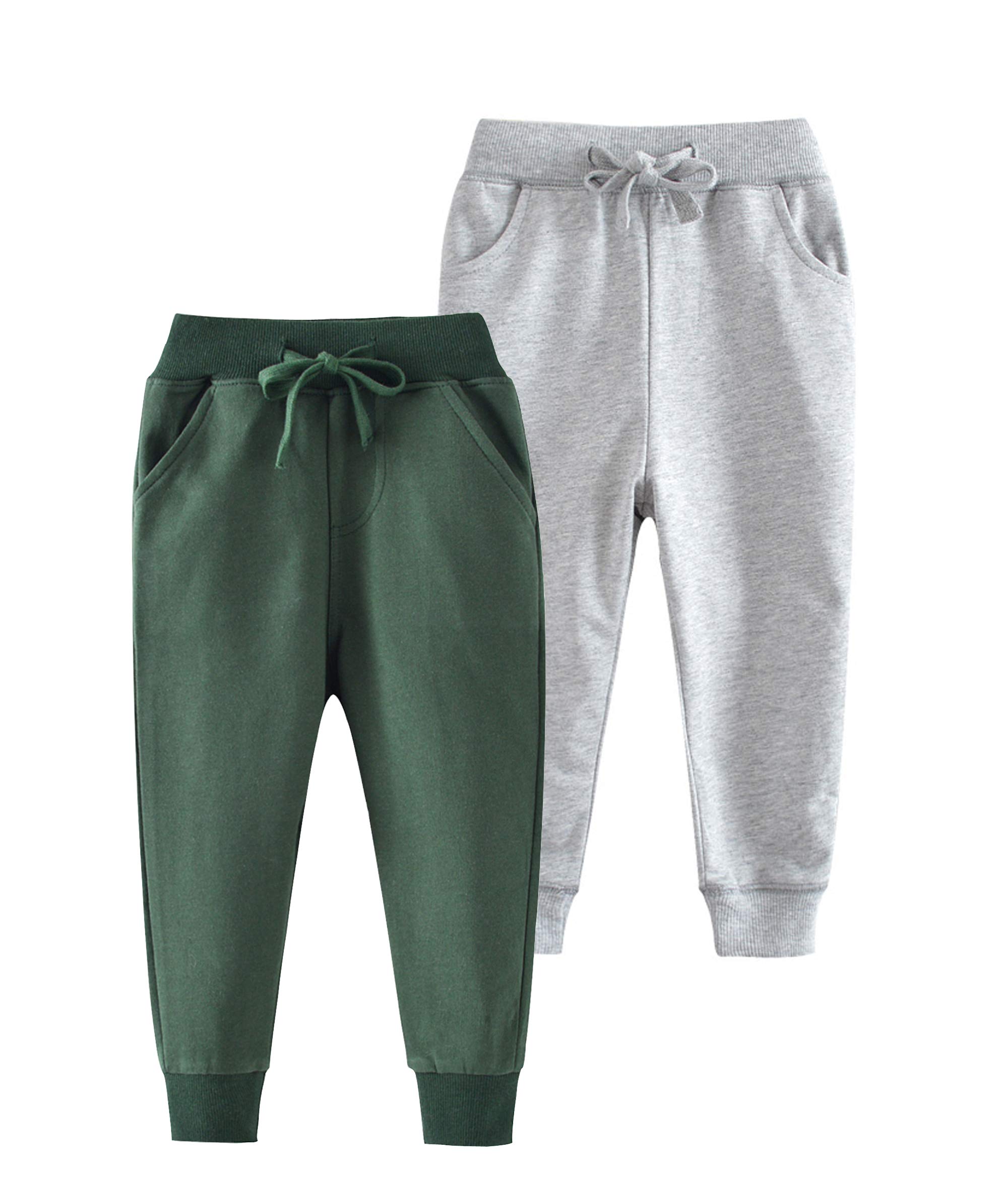 HUAER& Baby Boy's Jogger Pants Dinosaur Car Animal Print Drawstring Elastic Sweatpants (1-Pack 2-Pack) (Dark Green + Light Gray, 4T)