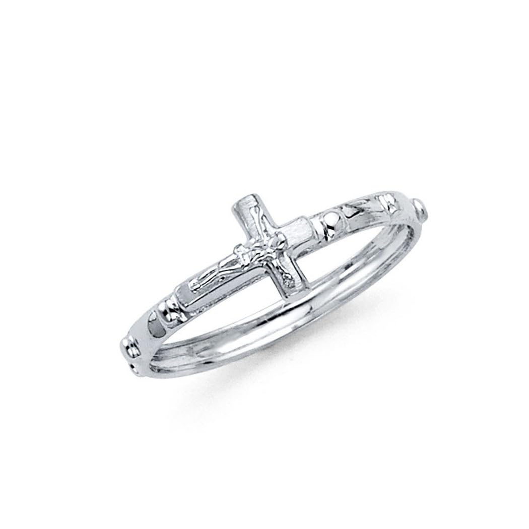 14k Yellow Gold White Sideways Crucifix Rosary Eternity Ring Size 6 Jewelry for Women