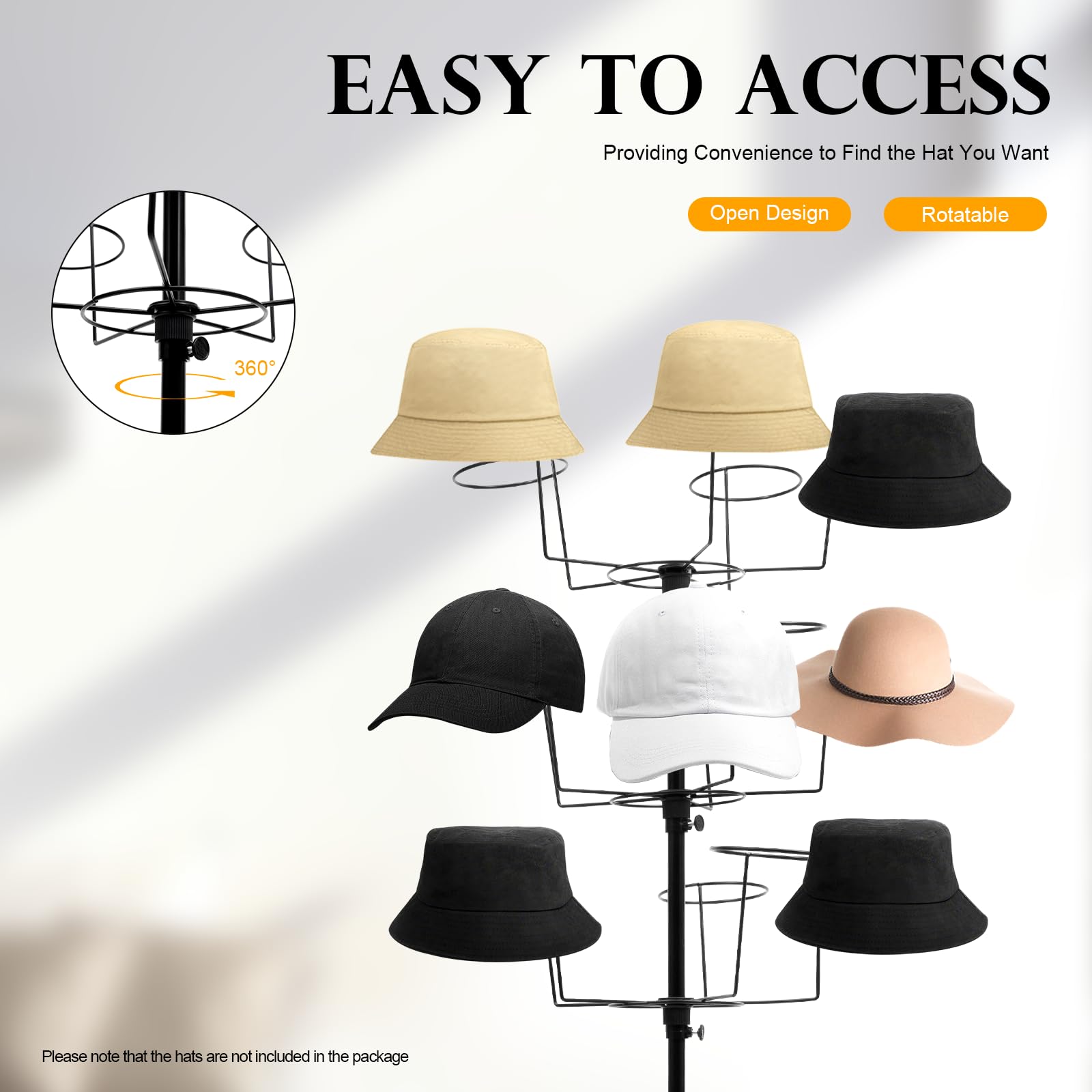 7 Tiers Rotating Hat Display Rack Stand w/ 35-Hooks Hat,Free Standing Hat Holder Storage Organizer,Floor Stand Display Holder Headwear Retail Store Black Hat/Wig/Cap Hanger Rack with Wheels