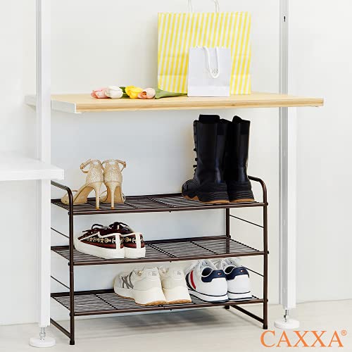 CAXXA Stackable and Expandable Shoe Rack, 3 Shelves Metal Wire Utility Rack, Bronze