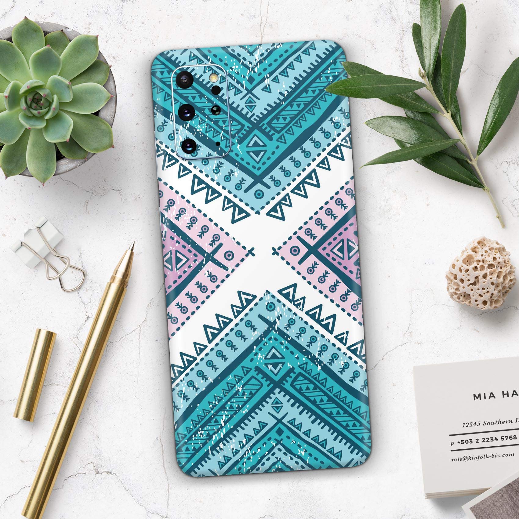 DesignSkinz Ethnic Aztec Blue and Pink Point Protective Vinyl Decal Wrap Skin Cover Compatible with The Samsung Galaxy S20 (Screen Trim & Back Glass Skin)