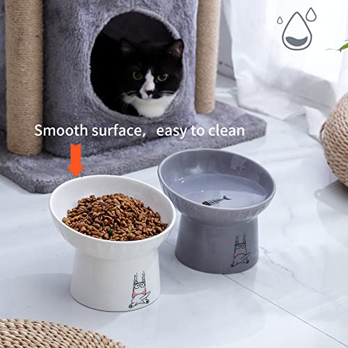 6.5 Inch Extra Wide Ceramic Raised Cat Bowl Set, Tilted Elevated Cat Bowls for Food and Water, Anti Whisker Fatigue, Stress Free, Anti Vomiting, Protect Spine, Lead & Cadmium Free, White & Grey