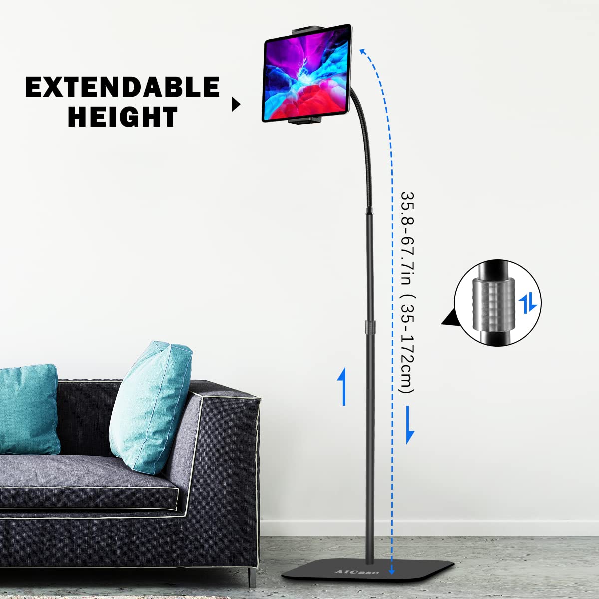 AICase Aluminium Adjustable Height Adjustable (91 cm - 137 cm) & 2.2 kg Stable Base with Gooseneck Compatible with iPad/Tablet from 4.6-13 Inches/Mobile Phone Holder Holder Floor Stand