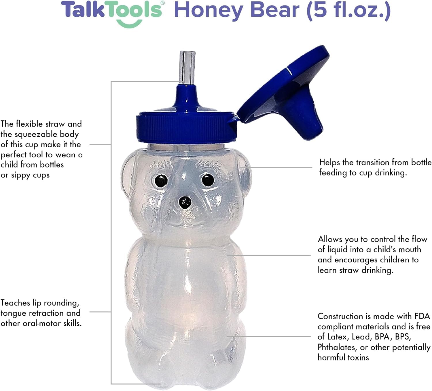 TalkTools Honey Bear Straw Cup for Babies - BPA-Free, Food-Grade Therapy Sippy Bottles for Speech and Feeding Training - Leak-Proof, Licensed Speech Pathologist (Single, 5, Ounce)