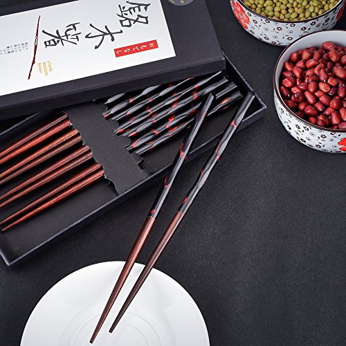 Antner 5 Pairs Hardwood Chopsticks Reusable Japanese Style Natural Wood Chop Stick Hand-Carved Chopstick Gift Set, 9 Inches