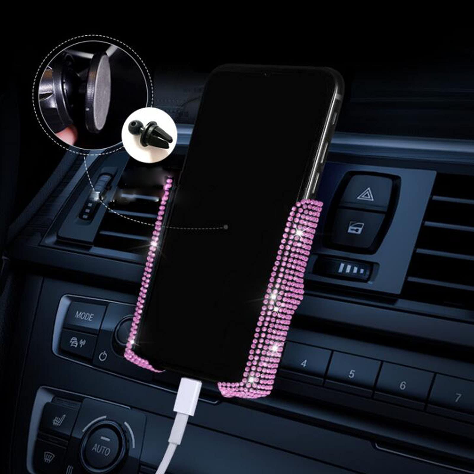 GuoranGG Bling Car Phone Holder,Car Air Vent Mobile Phone Mount, Universal 360°Adjustable Crystal Auto Car Stand Phone Holder Car Accessories for Women,Pink