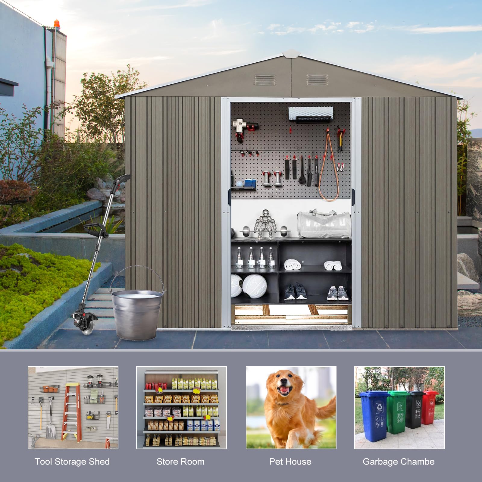 7'x5' Outdoor Metal Storage Shed with Floor Base, 4 Punched Vents and Pad-Lockable Sliding Doors, Tool House w/Eco-Friendly Painting, Waterproof&UV Resistant, for Backyard, Lawn, Patio, Gray