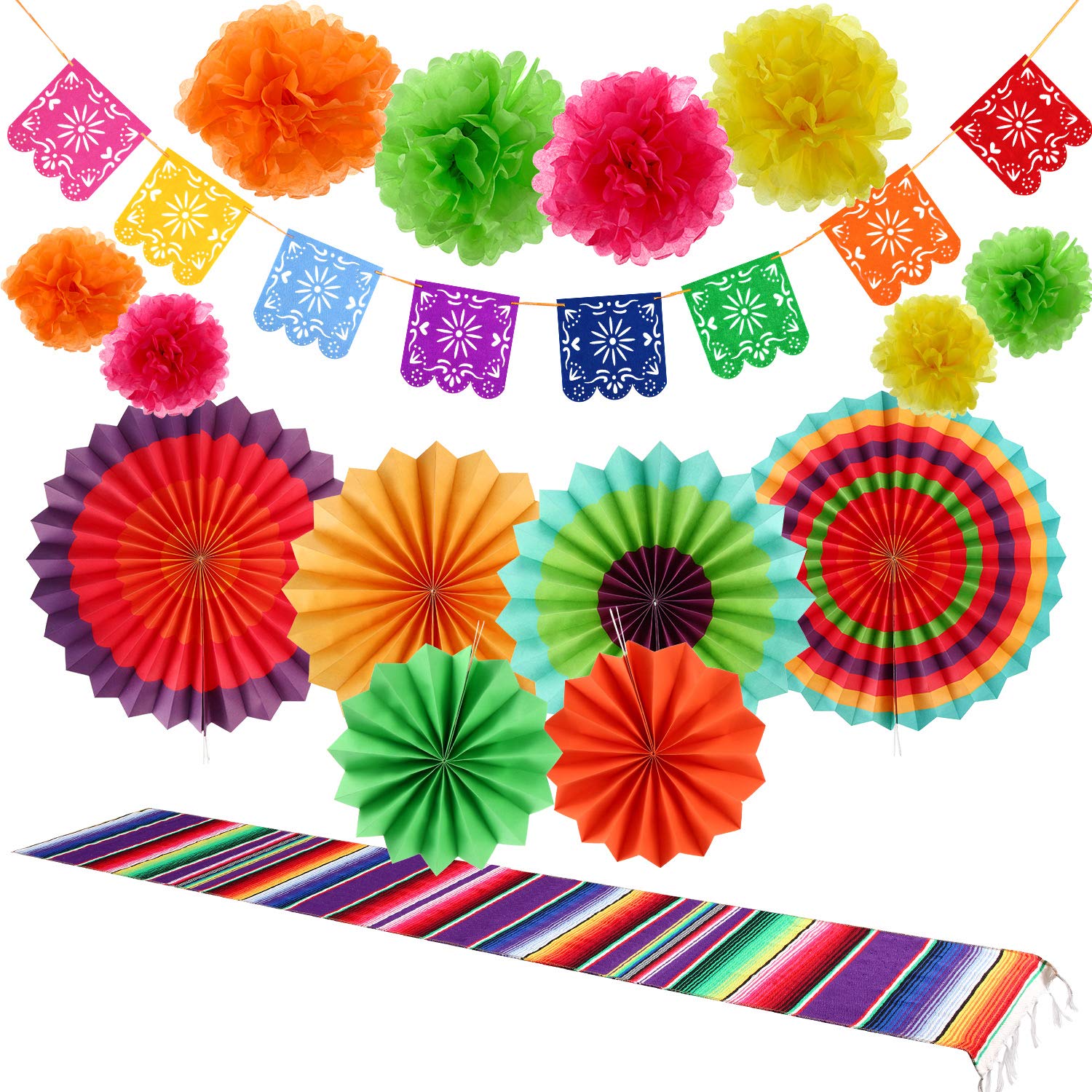 16 Pieces Fiesta Party Decorations Hispanic Heritage Month Decorations, 1 Serape Table Runner, 6 Colorful Paper Fans Round Wheel Disc, 8 Pom Poms Flowers, 1 Felt Papel Picado Banner for Cinco De Mayo
