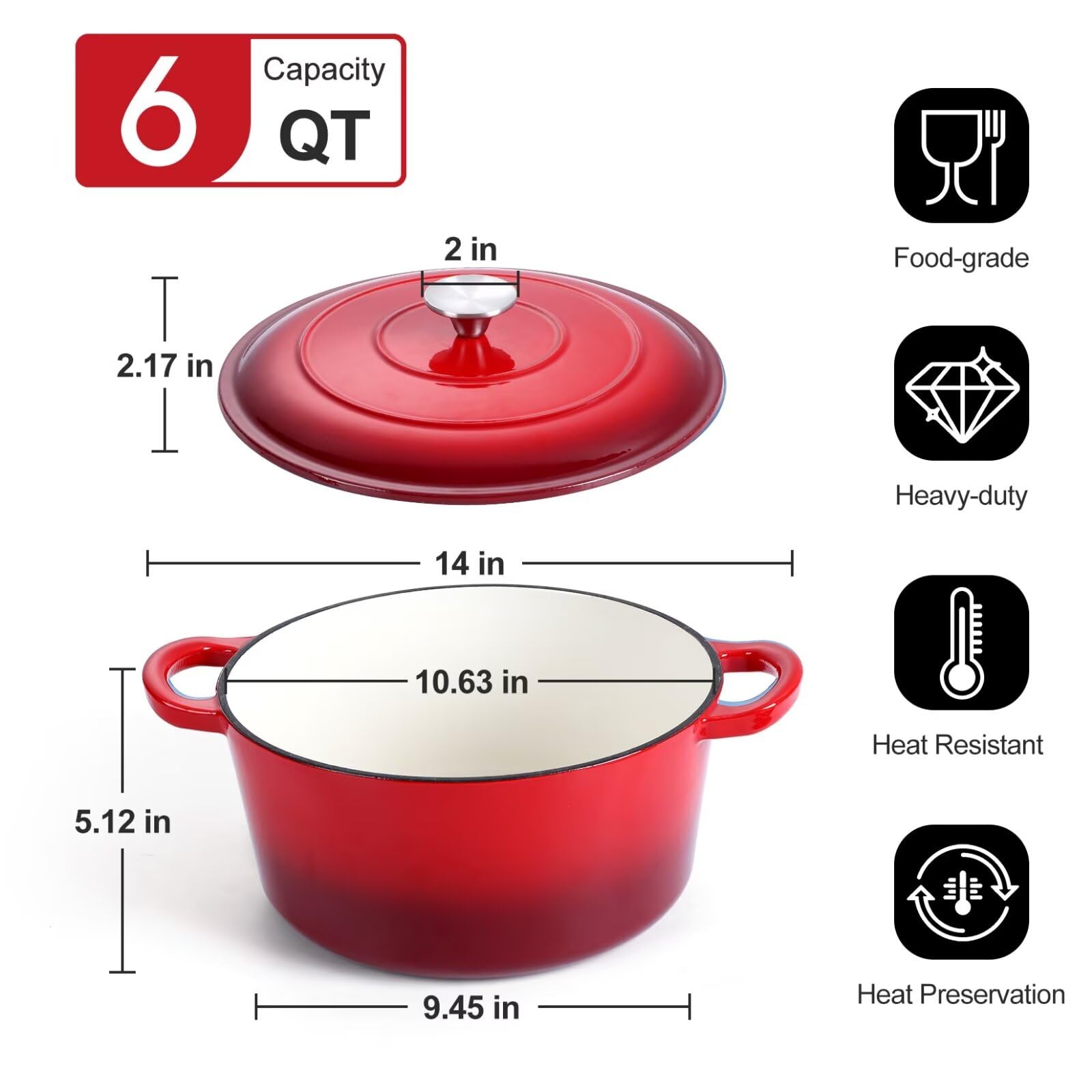 6 Quart Enameled Dutch Oven with Lid, P&P CHEF 6 Qt Cast Iron Dutch Oven Pot, Enamel Round Dutch Oven Cooking Stock Pot for Braising, Stewing, Roasting, Baking, Various Stoves & Oven Safe (Red)