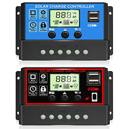 2Pcs 30A Solar Charge Controller, Black Solar Panel Battery Intelligent Regulator with Dual USB Port 12V/24V PWM Auto Paremeter Adjustable LCD Display