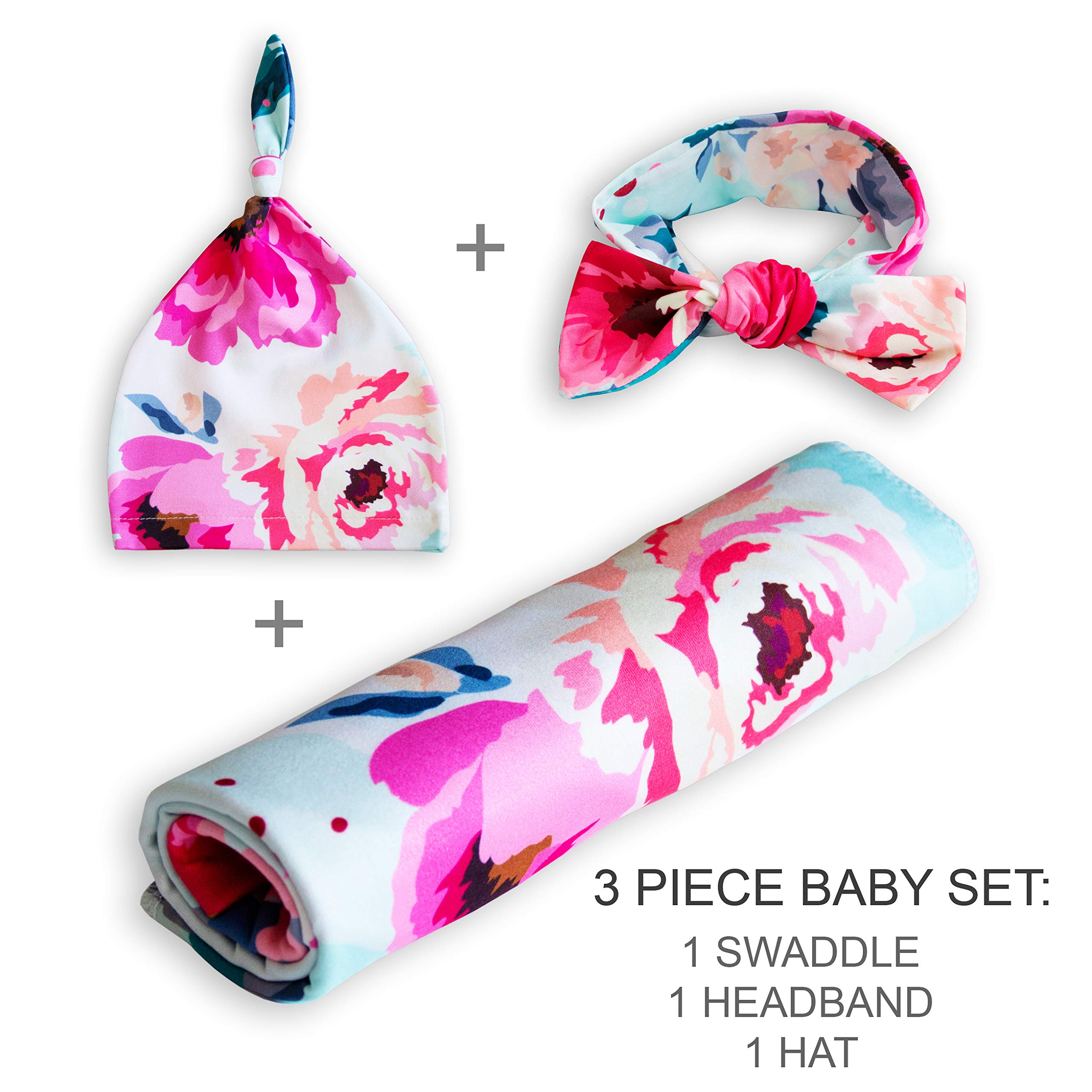 Little Bubbles Baby Swaddle Blanket & Headband Set - Pink Floral Pattern - Newborn Girl Swaddle - Modern Style - Unisex - One Size