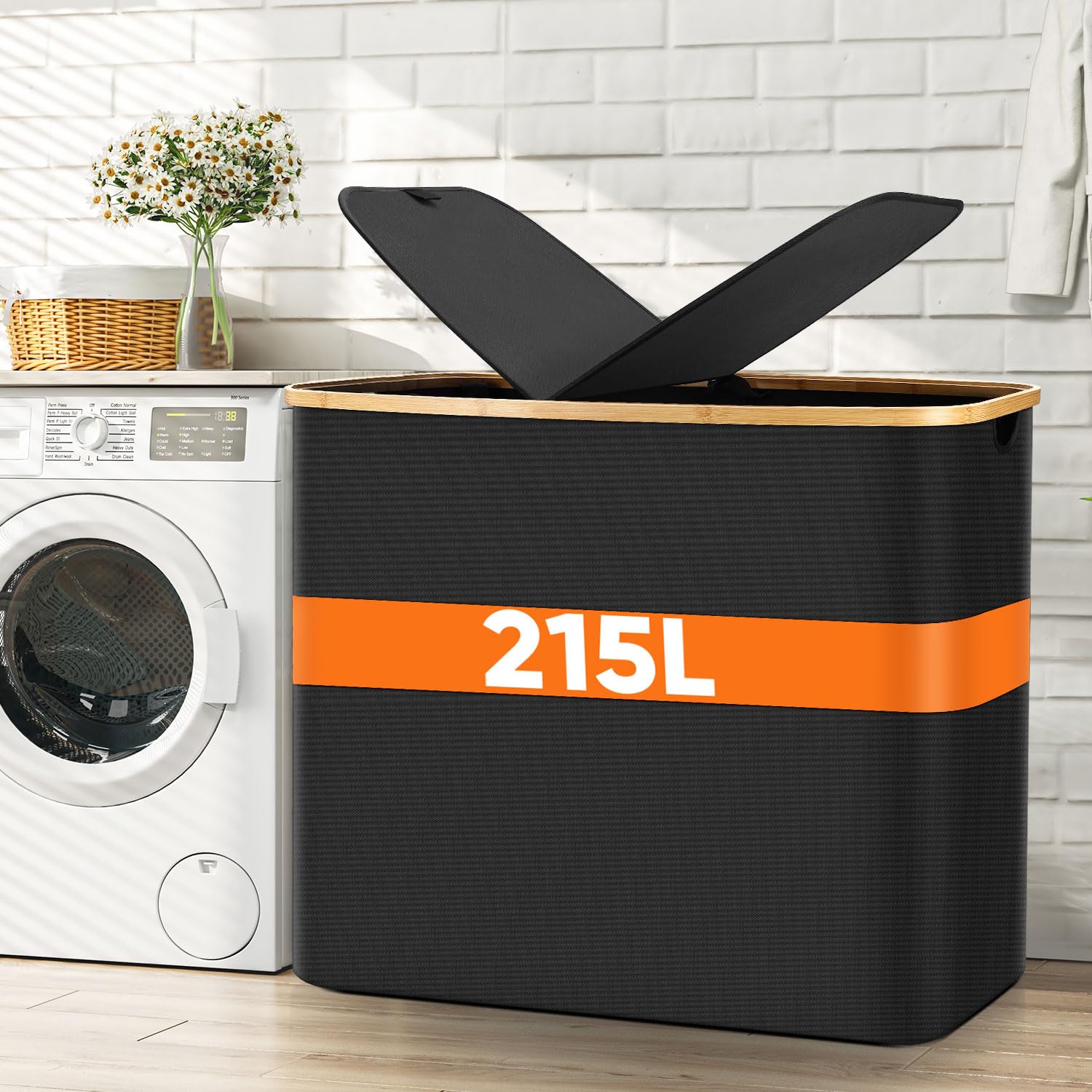 215L Double Laundry Hamper with Lid, Laundry Basket with Removable Laundry Bags, Collapsible 2 Section Dirty Clothes Basket with Bamboo Handles, Perfect for Bedroom, Bathroom, Laundry Room - Black