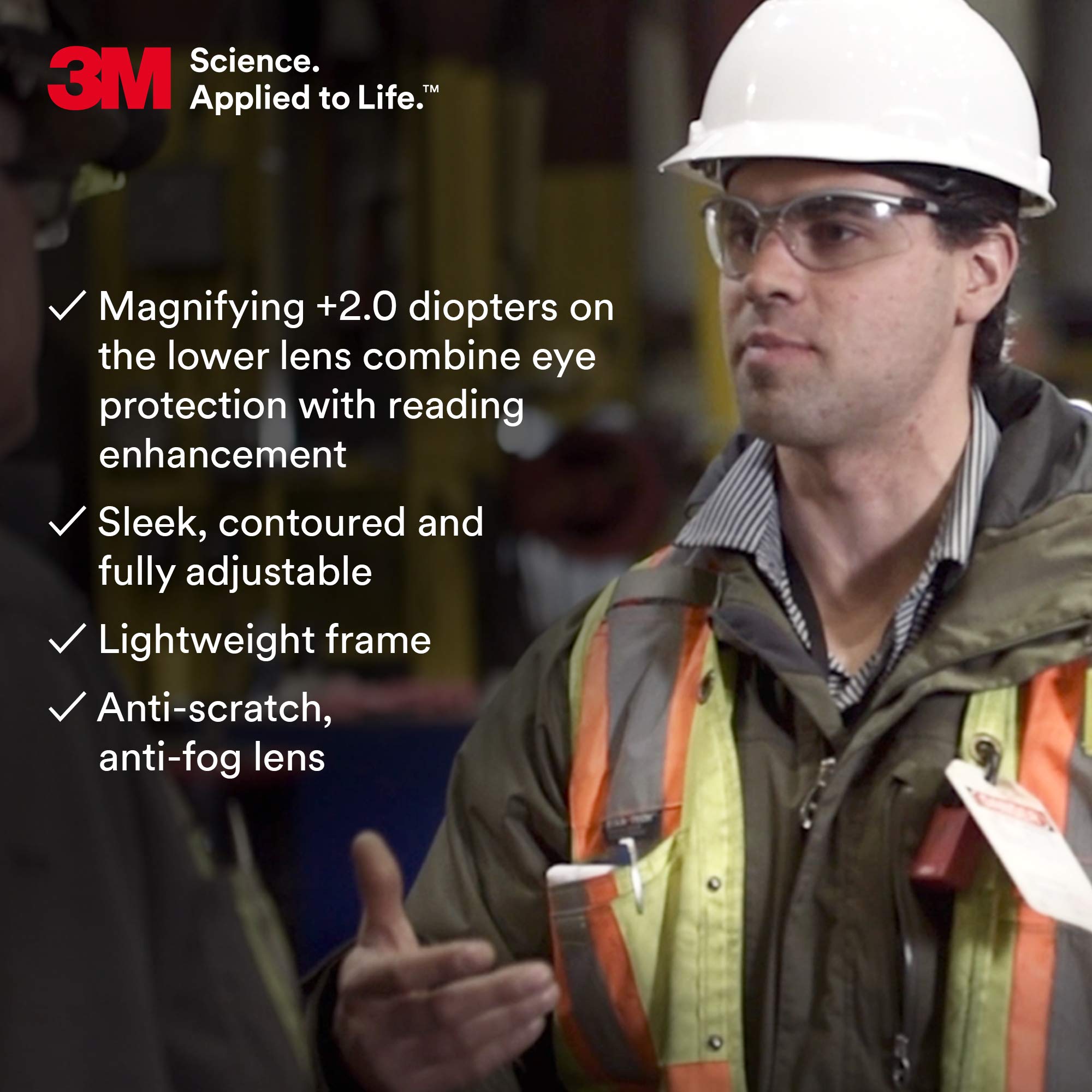 3M Safety Glasses with Readers, BX, +2.0, ANSI Z87, Anti-Fog Anti-Scratch Clear Lens, Silver Frame, Adjustable Length Temples and Lens Angle