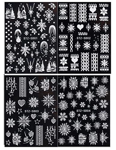 3D Embossed Christmas Nail Art Stickers Decals 4 Sheets 5D Self-Adhesive Pegatinas Uñas Holiday Snowman Snowflakes Nail Supplies Nail Art Design Decoration Accessories