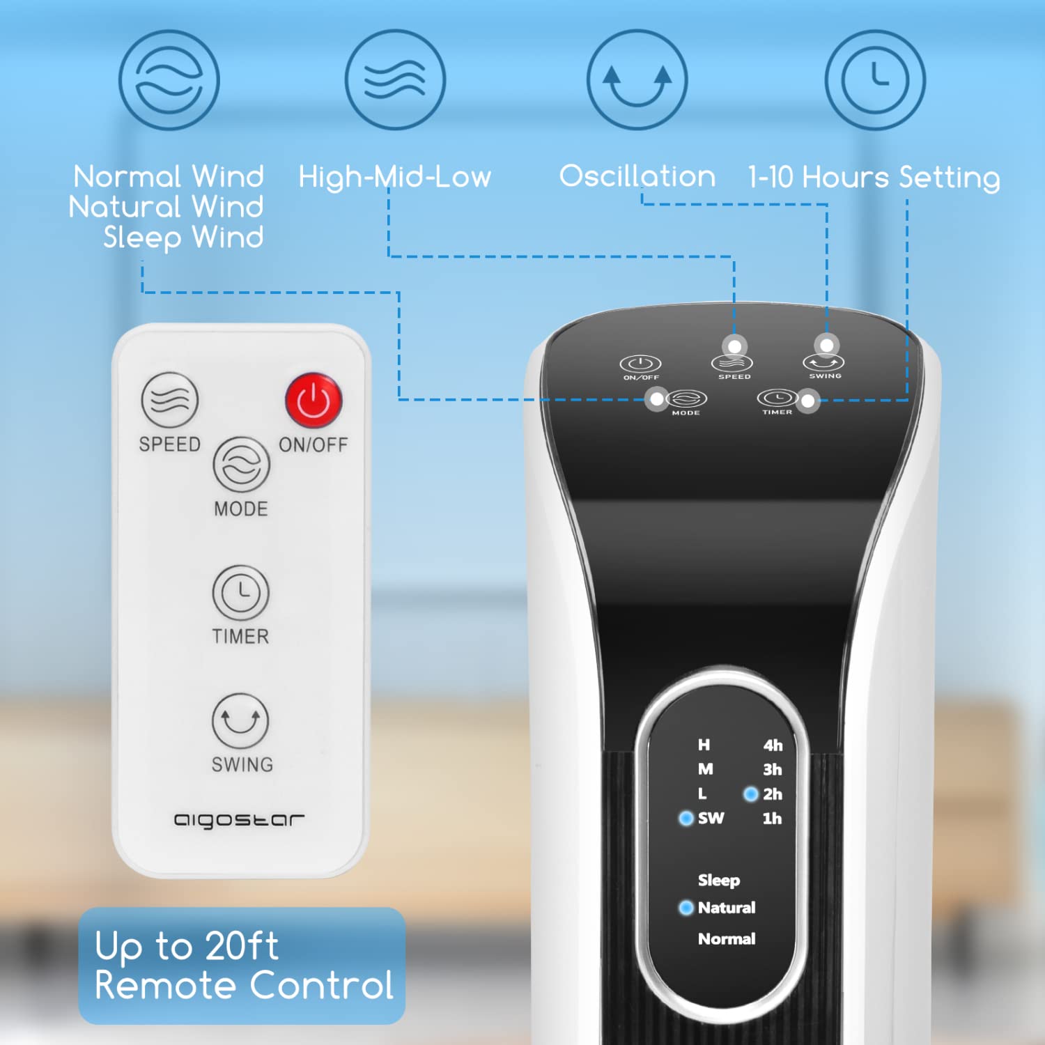 Aigostar Tower Fan, 42inch Oscillating Cooling Fan with Remote, Quiet Bladeless Floor Fan, 3 Speeds, 3 Modes, 10H Timer, LED Display with Touch Control, White Standing Fan for Bedroom Home Office