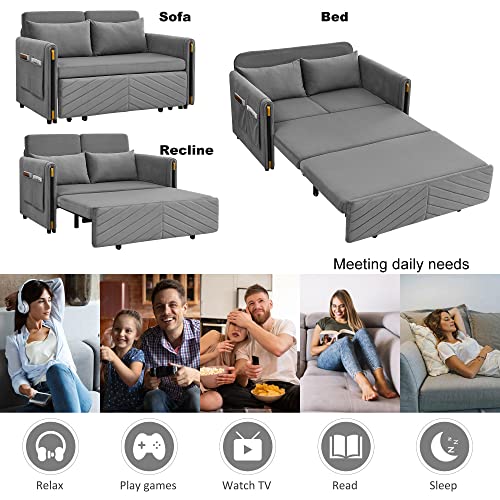 54" Pull Out Couch for Living Room, Convertible Sofa Bed with 2 Detachable Arm Pockets and Velvet Loveseat Multi-position Adjustable Sofa with Bedhead and 2 Pillows for Bedroom, Movie Room - Grey