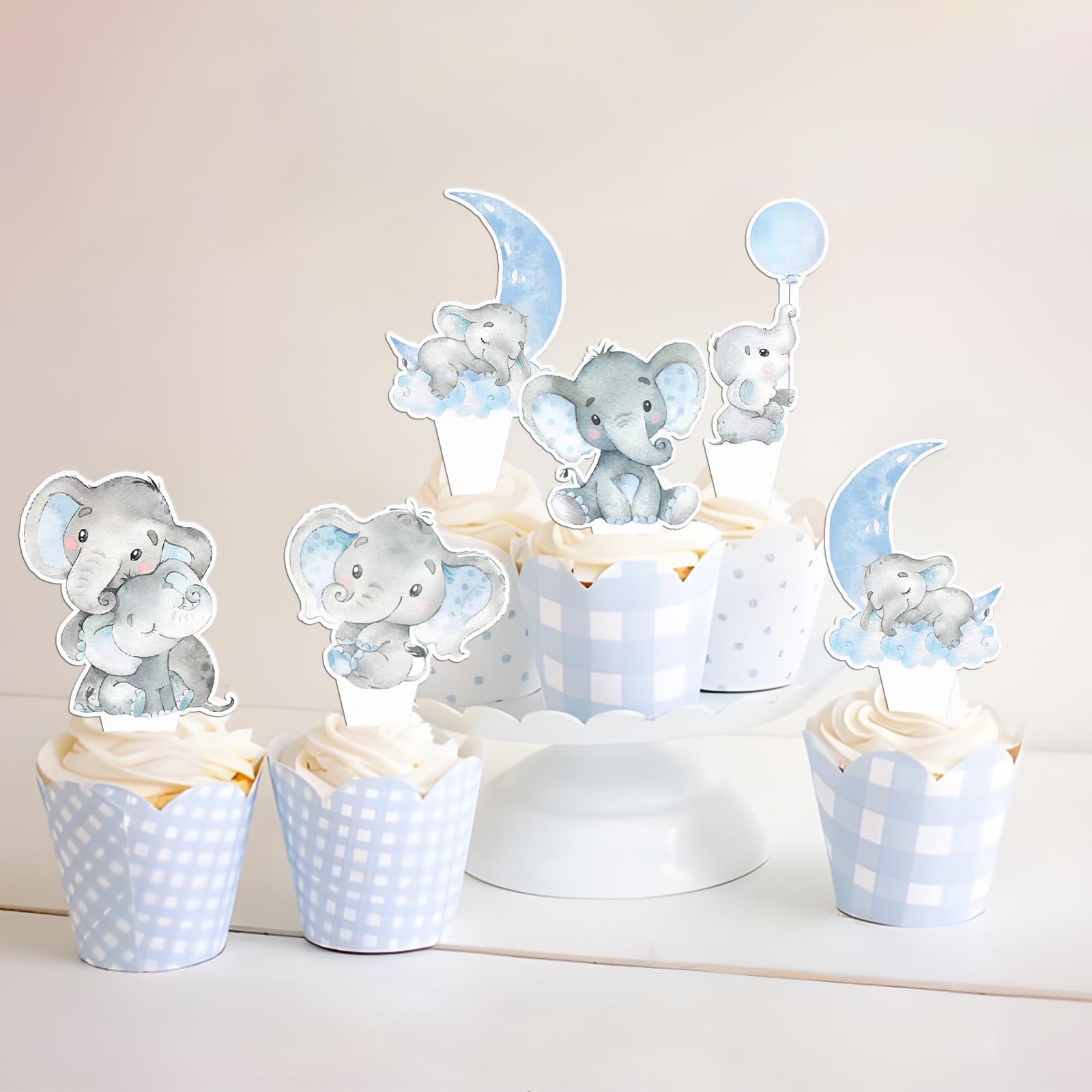 48 Pcs Blue Elephant Cupcake Toppers for Elephant Baby Shower Decorations Boy Cupcake Cake Decorations Baby Elephant Birthday Party Supplies