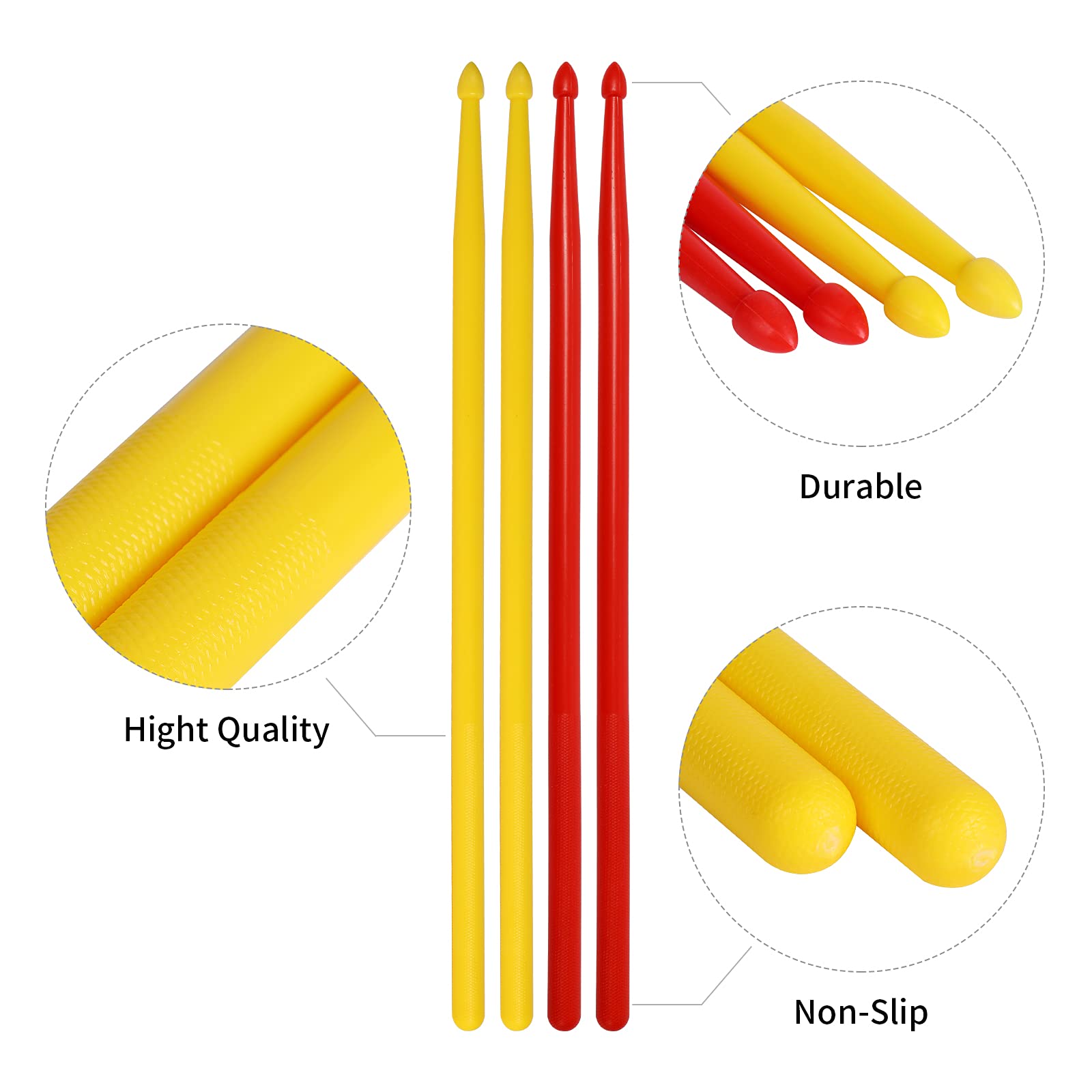 2 Pairs 5A Nylon Drumsticks for Adults Kids Light Durable Plastic Drum Sticks Set with Non-Slip Handles Professional Musical Instrument Percussion Accessories (Red & Yellow)