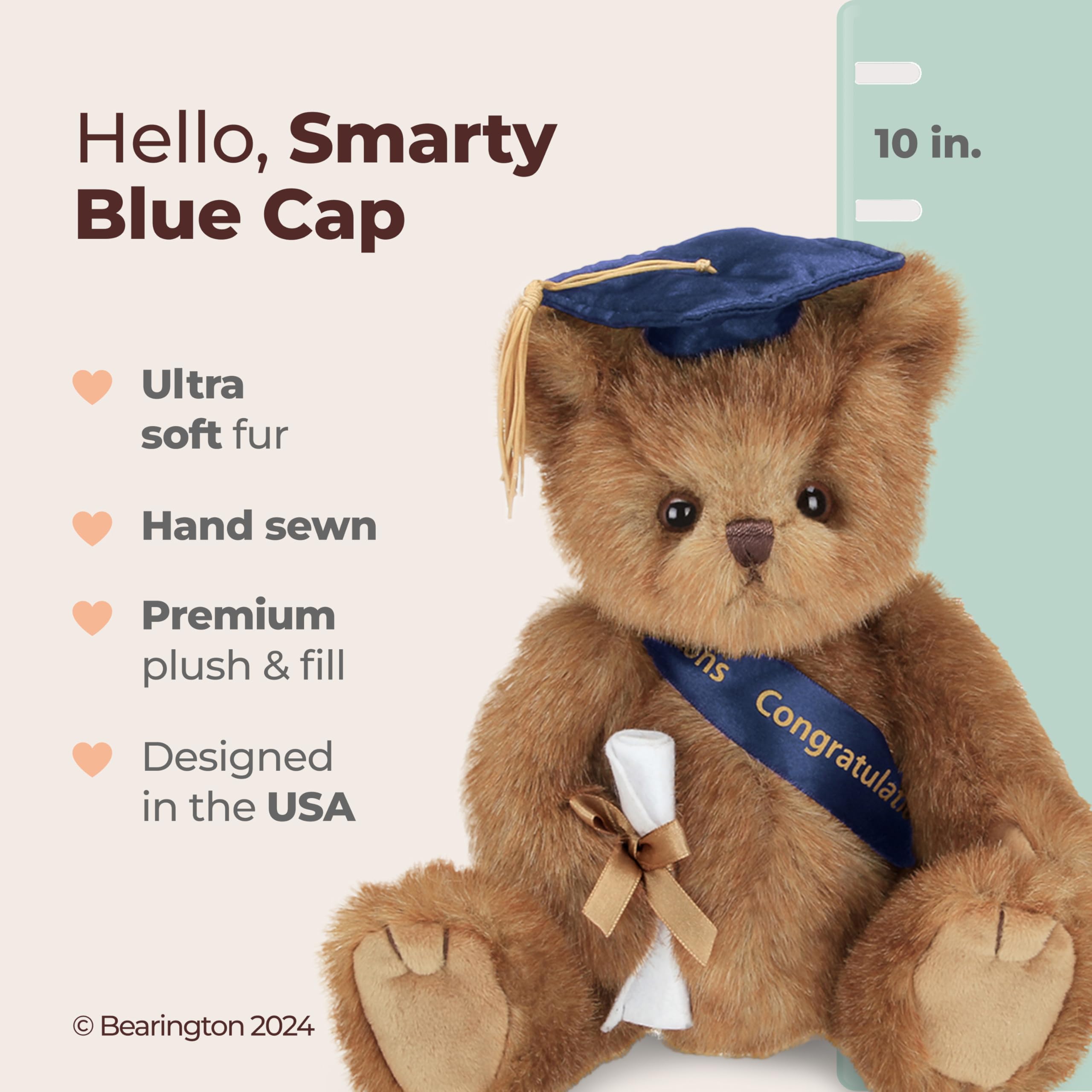 Bearington Collection Smarty Class of 2024 Graduation Plush Teddy Bear Stuffed Animal, Blue Cap, 10 Inch