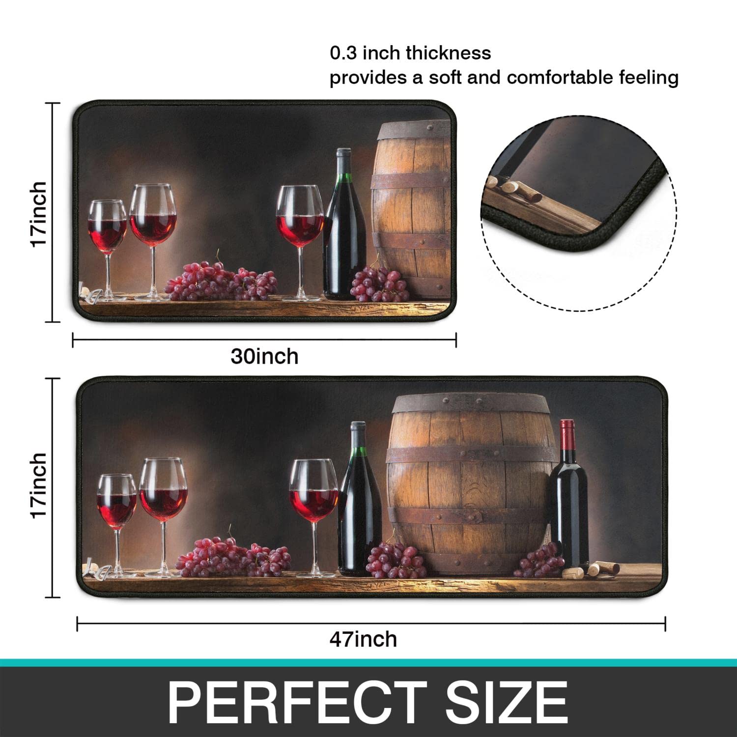 2 Piece Wine Kitchen Rug Set, 3D Wine Glasses Kitchen Rugs and Mats Non Skid Washable Absorbent Microfiber Kitchen Floor Decor Mat 17"x47"+17"x30"