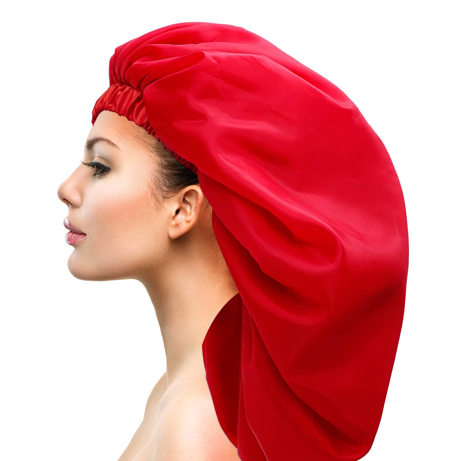 2 Pieces Extra Large Sleep Cap Jumbo Cap Large Satin Bonnet with Comfort Elastic Band (Red and Black)