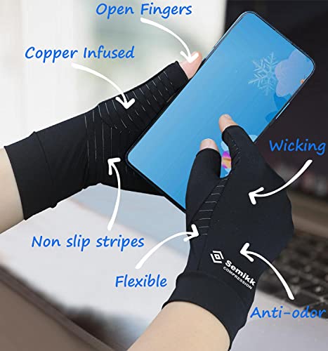 2 Pairs Compression Gloves for Women and Men – Copper Arthritis Gloves for Rheumatoid Arthritis Osteoarthritis Carpal Tunnel – Hand Pain Relief and Support – Open Finger (Black, X-Large (2 Pair))