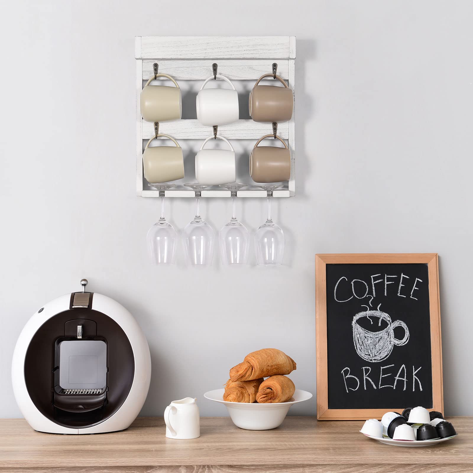 NANANARDOSO Wood Coffee Mug Holder Stand, Wine Glass Rack, Coffee Cup Holder Wall Mounted with 6 Hooks and 4 Stemware, Coffee Mug Rack for Home Kitchen Countertop Display and Collection, White