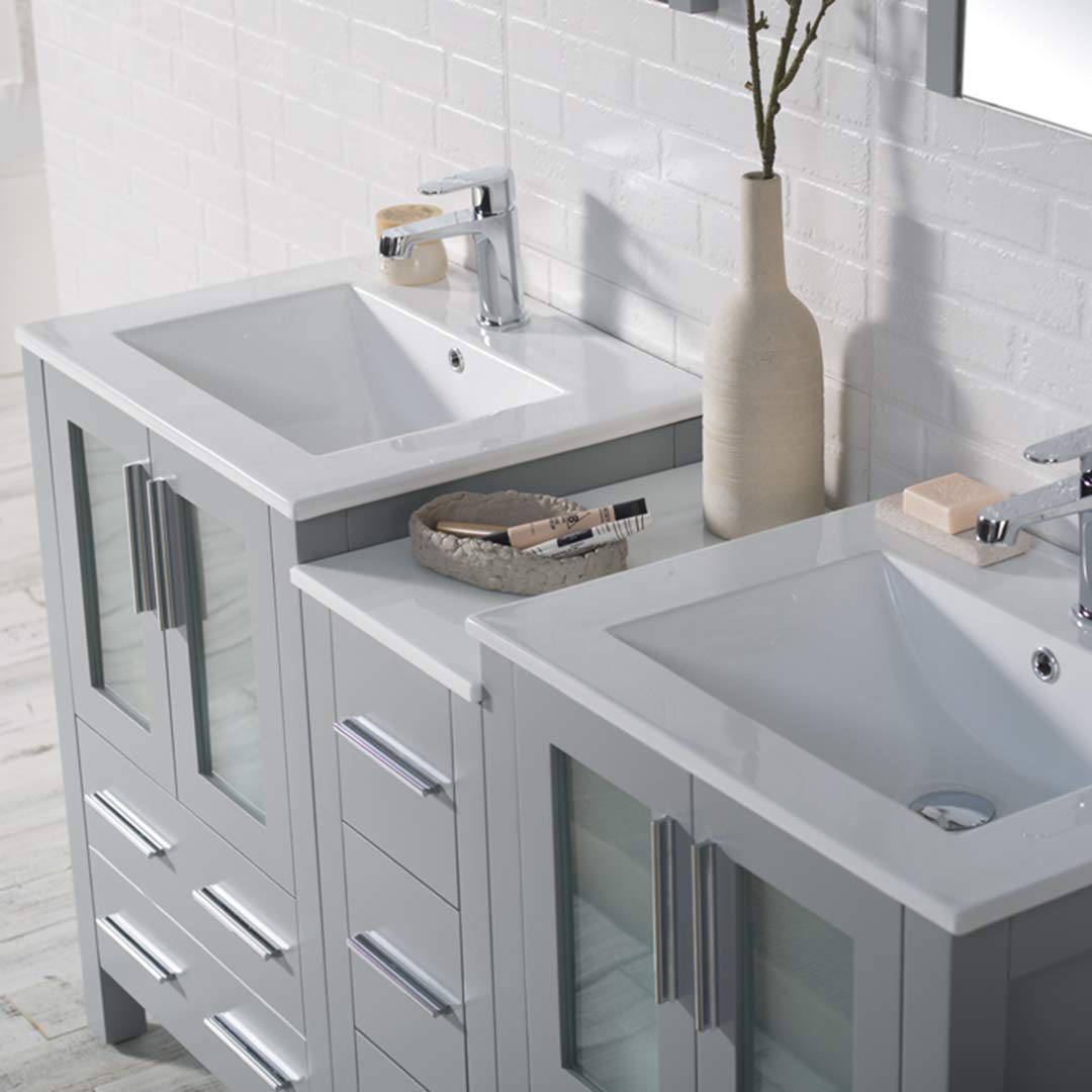 60 Inches All Wood Double Ceramic Sink Bathroom Vanity with Side Cabinet, 001 60 15 C (Double Ceramic Top, Metal Grey)