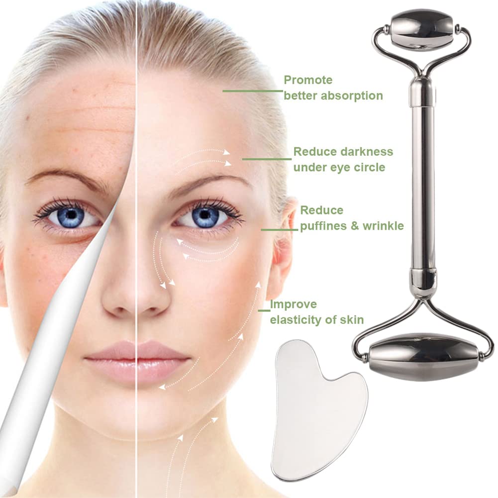 sanforce Gua Sha Facial Tools Stainless Steel Face Roller and Gua Sha Set for Puffiness and Skin Care Routine,Lymphatic Drainage, Facial Tension