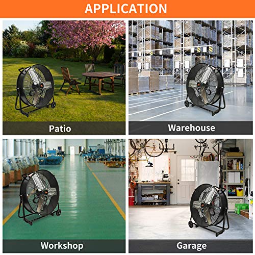 Aain(R) AA011 24-Inch High Velocity Industrial Drum Fan, 7500 CFM Air Circulator for Warehouse, Garage, Workshop and Barn Use,Two-Speed, Black