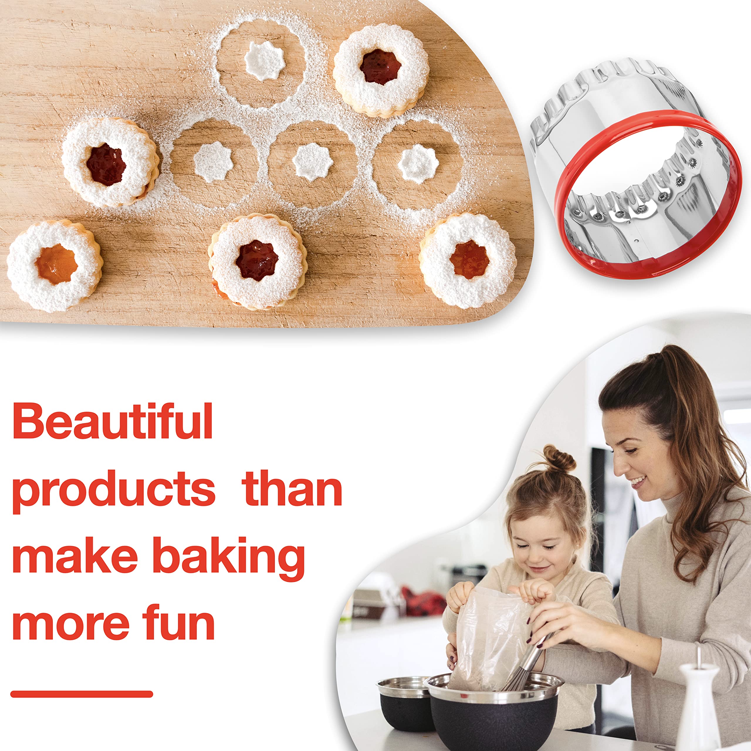 3Pcs Large Biscuit Cutter 3", 4", 5", Fluted Round Cookie Cutters for Baking, Sandwiches Cutter, Scone Cutter, Coated with Soft PVC for Protection