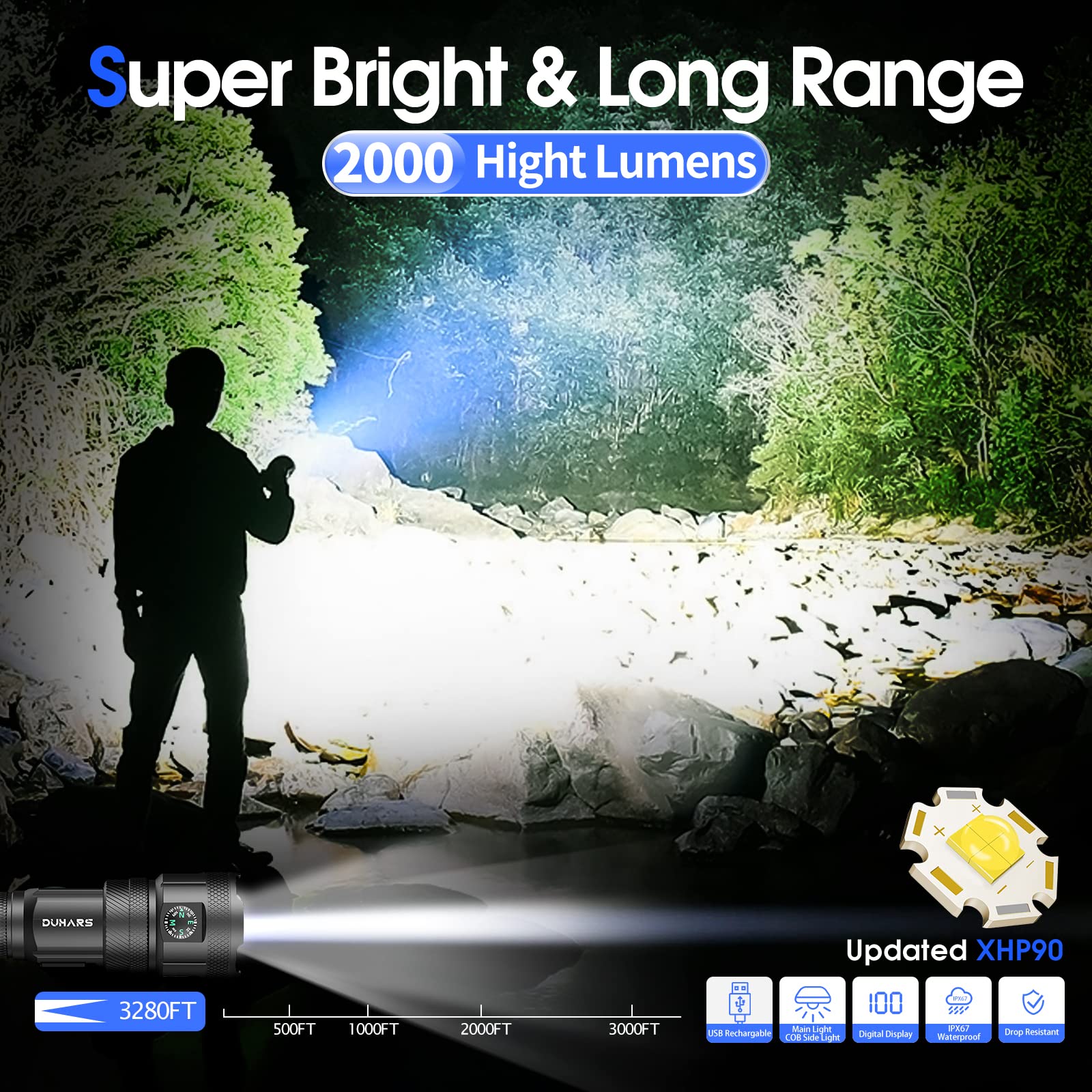 2 Pack Flashlights High Lumens Rechargeable, Super Bright Led Flashlight with COB Work Light, Compass, USB Type C Charging, 7 Modes,High Powered Flash Light Tactical Flashlight for Emergencies Camping