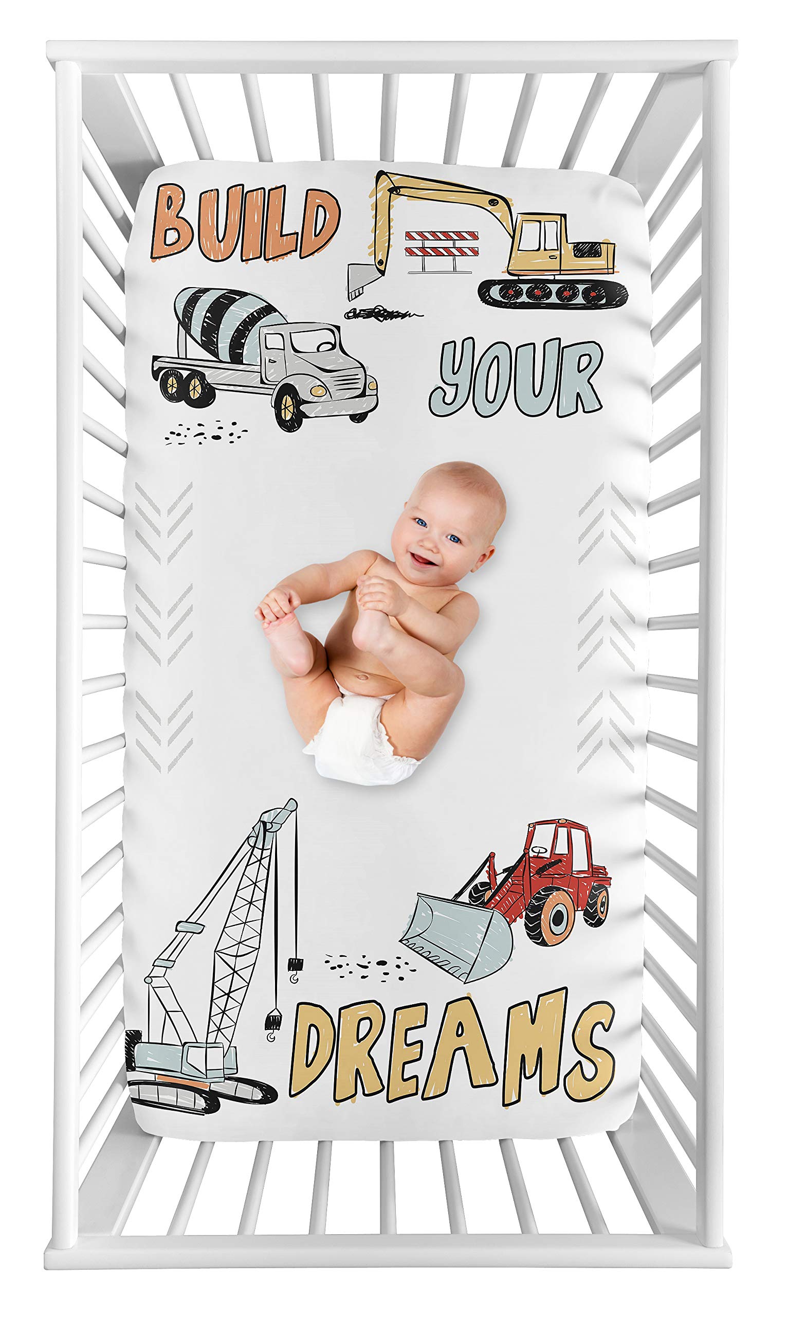 Sweet Jojo Designs Construction Truck Boy Fitted Crib Sheet Baby or Toddler Bed Nursery Photo Op - Grey Yellow Orange Red and Blue Transportation Chevron Arrow