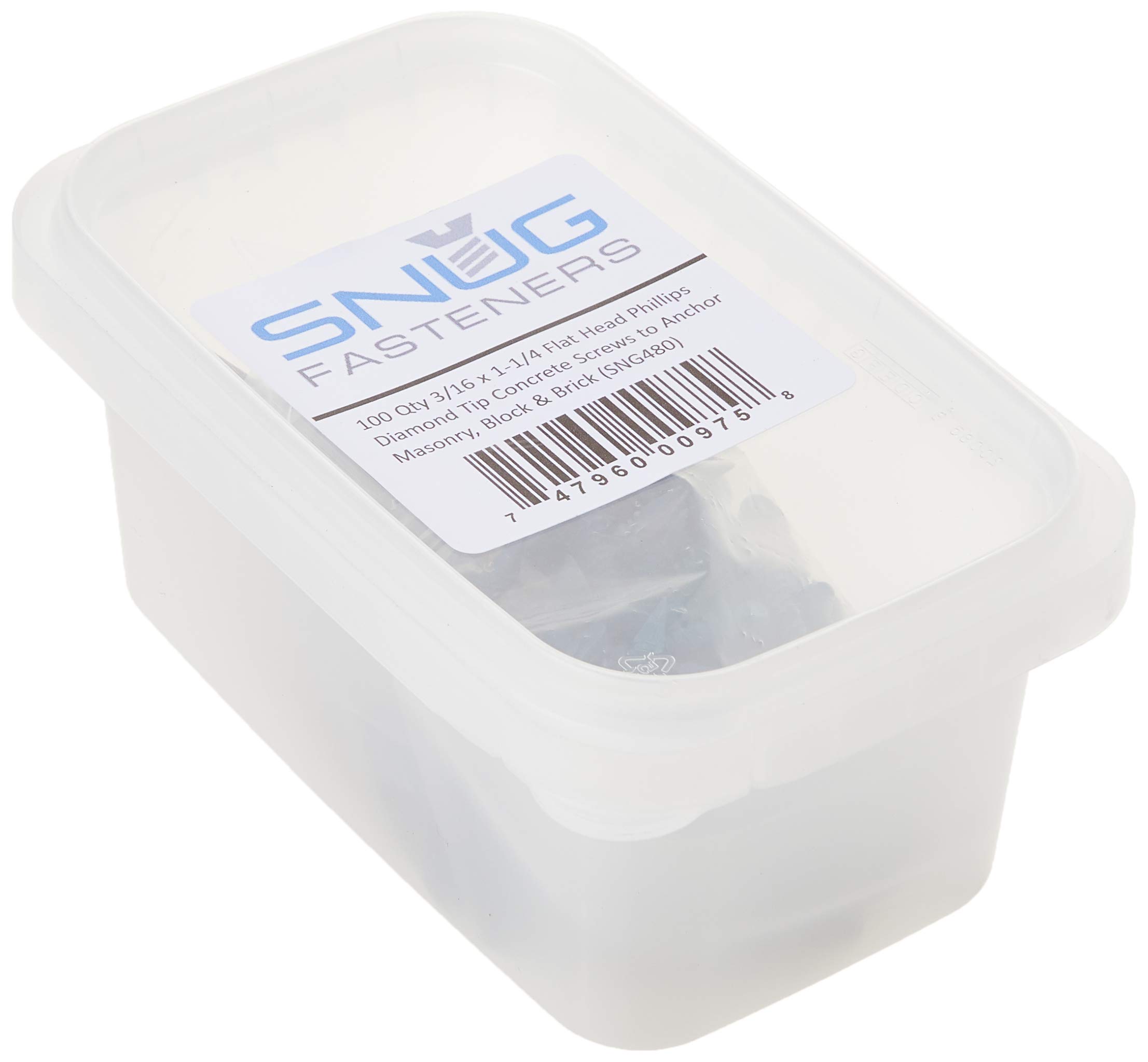 SNUG Fasteners (SNG480) 100 Qty 3/16 x 1-1/4 Flat Head Phillips Diamond Tip Concrete Screws to Anchor Masonry, Block & Brick, Count